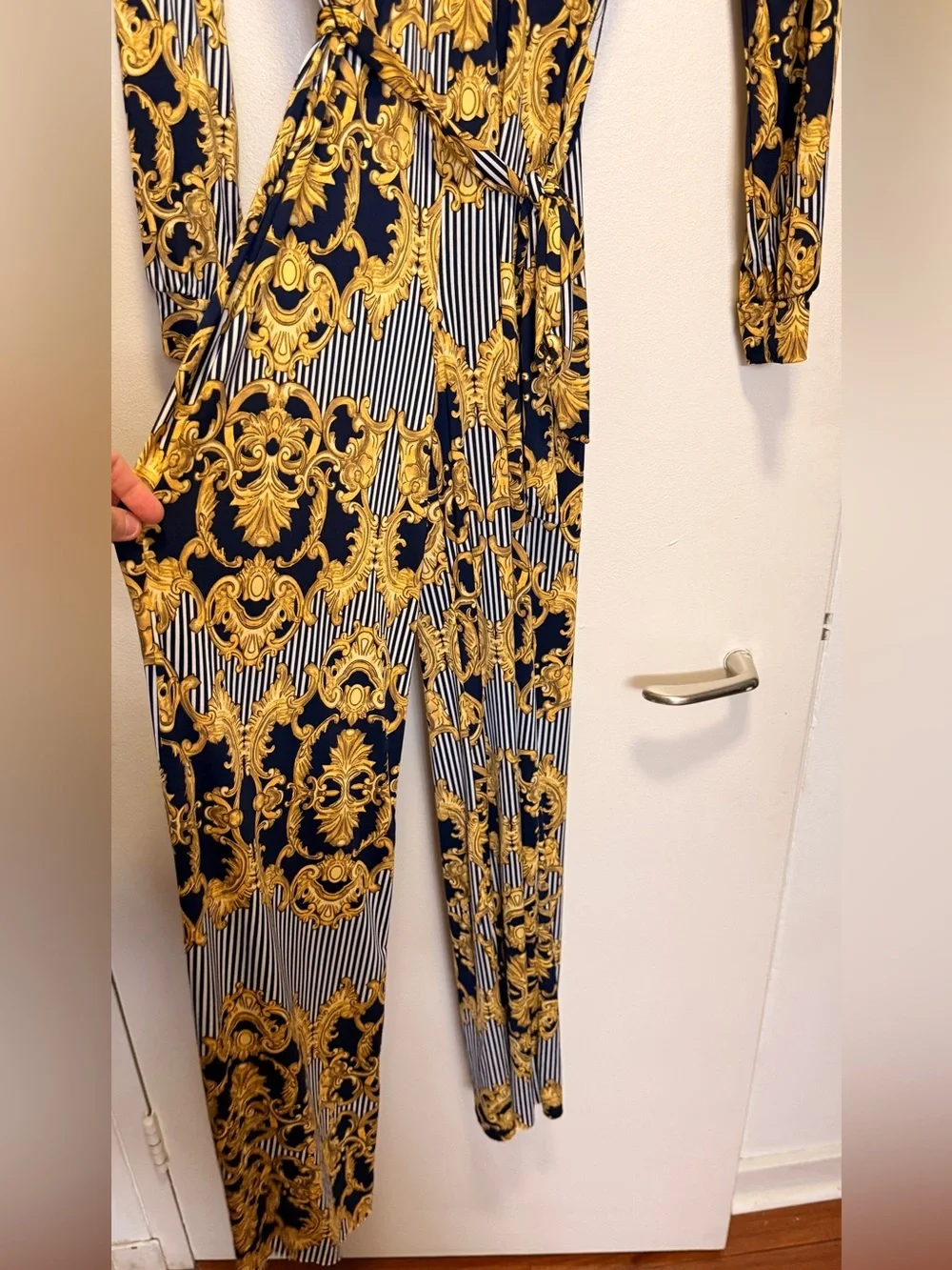 Pants & Jumpsuits | Womens Navy And Gold Baroque Jumpsuit | Poshmark